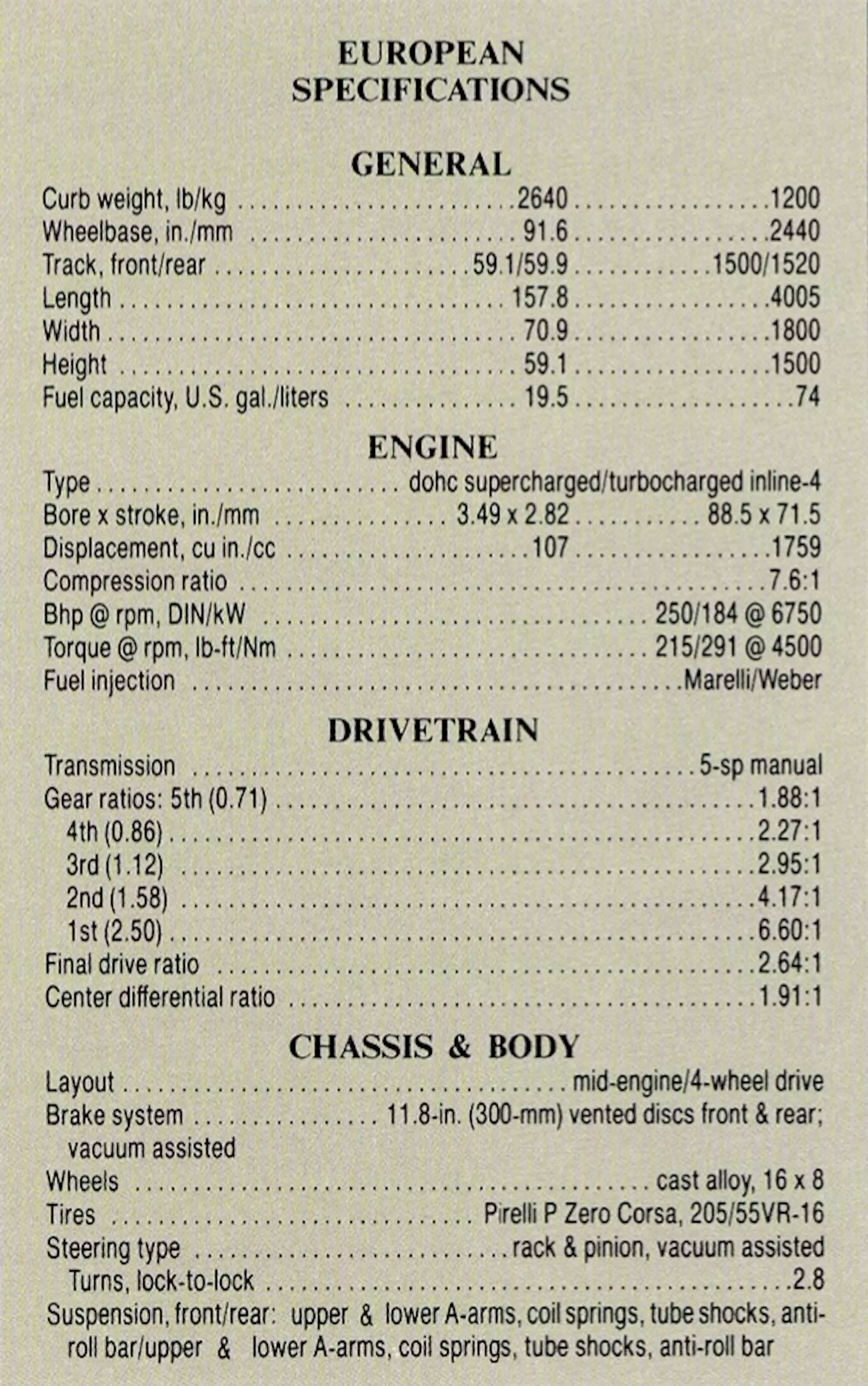 road and track lancia delta s4 euro spec sheet test data