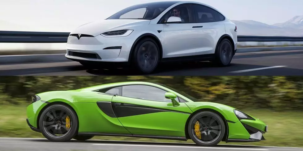 tesla model x და mclaren 570s