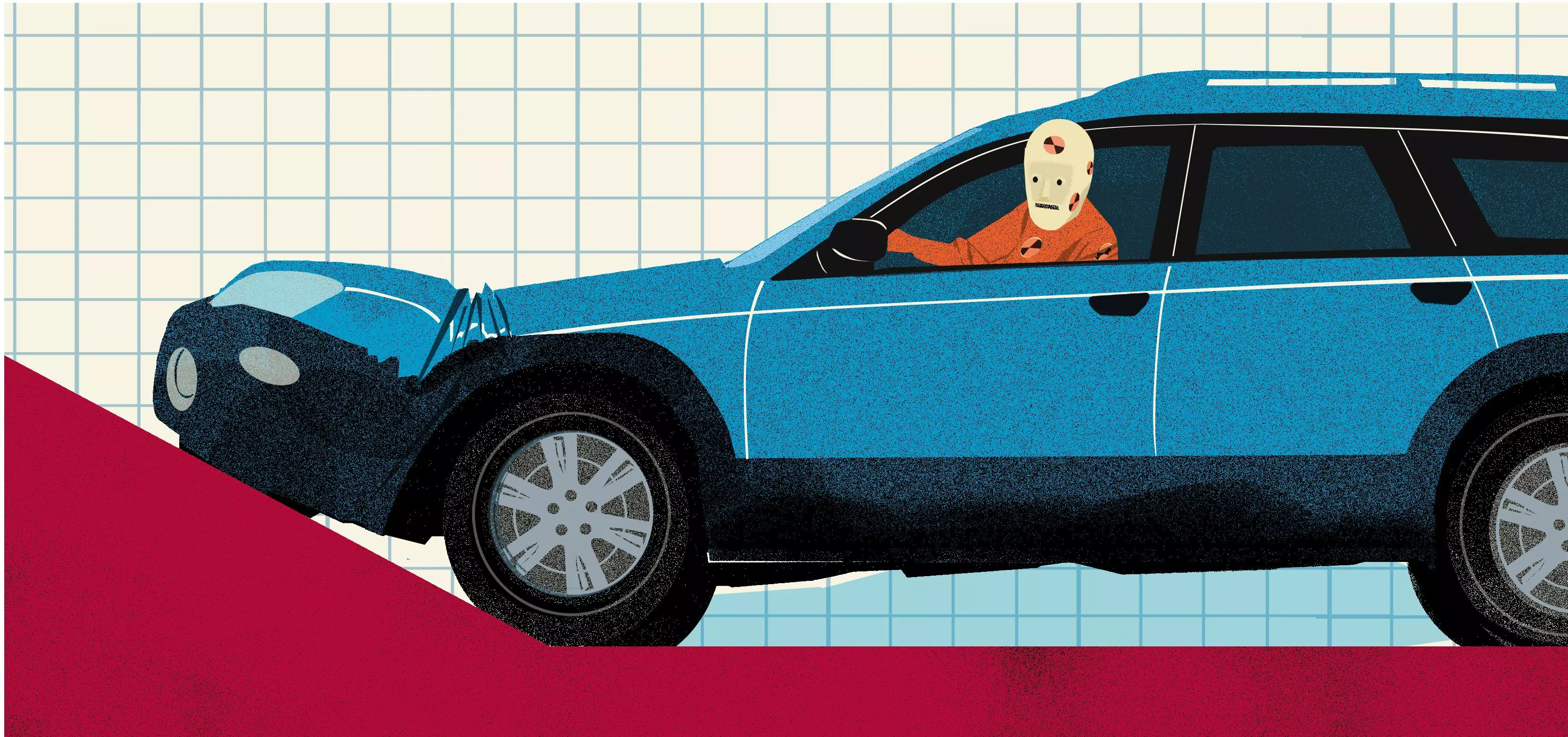 ilustracija, lutka za testiranje sudara koja vozi automobil uzbrdo