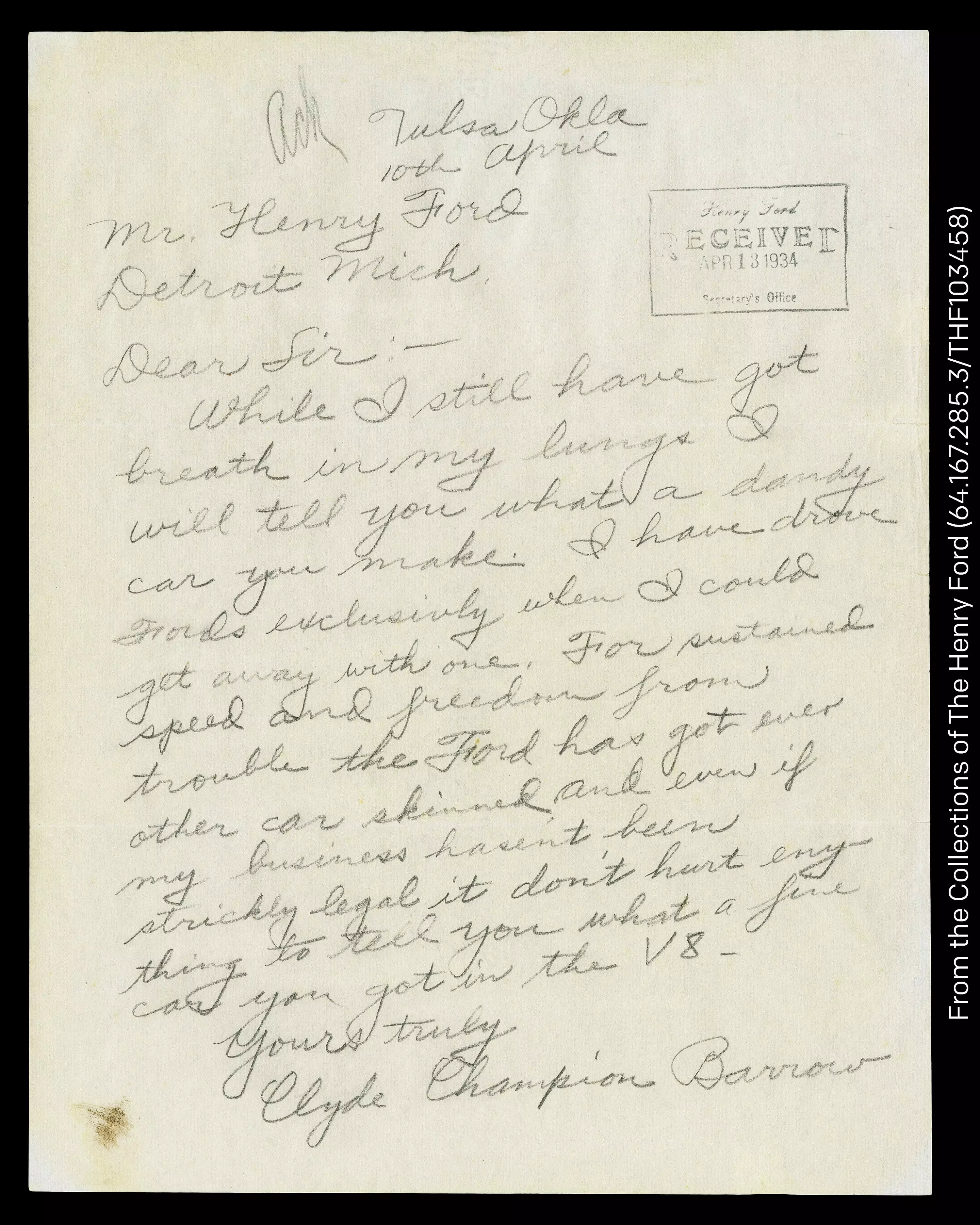 brev fra Clyde Barrow